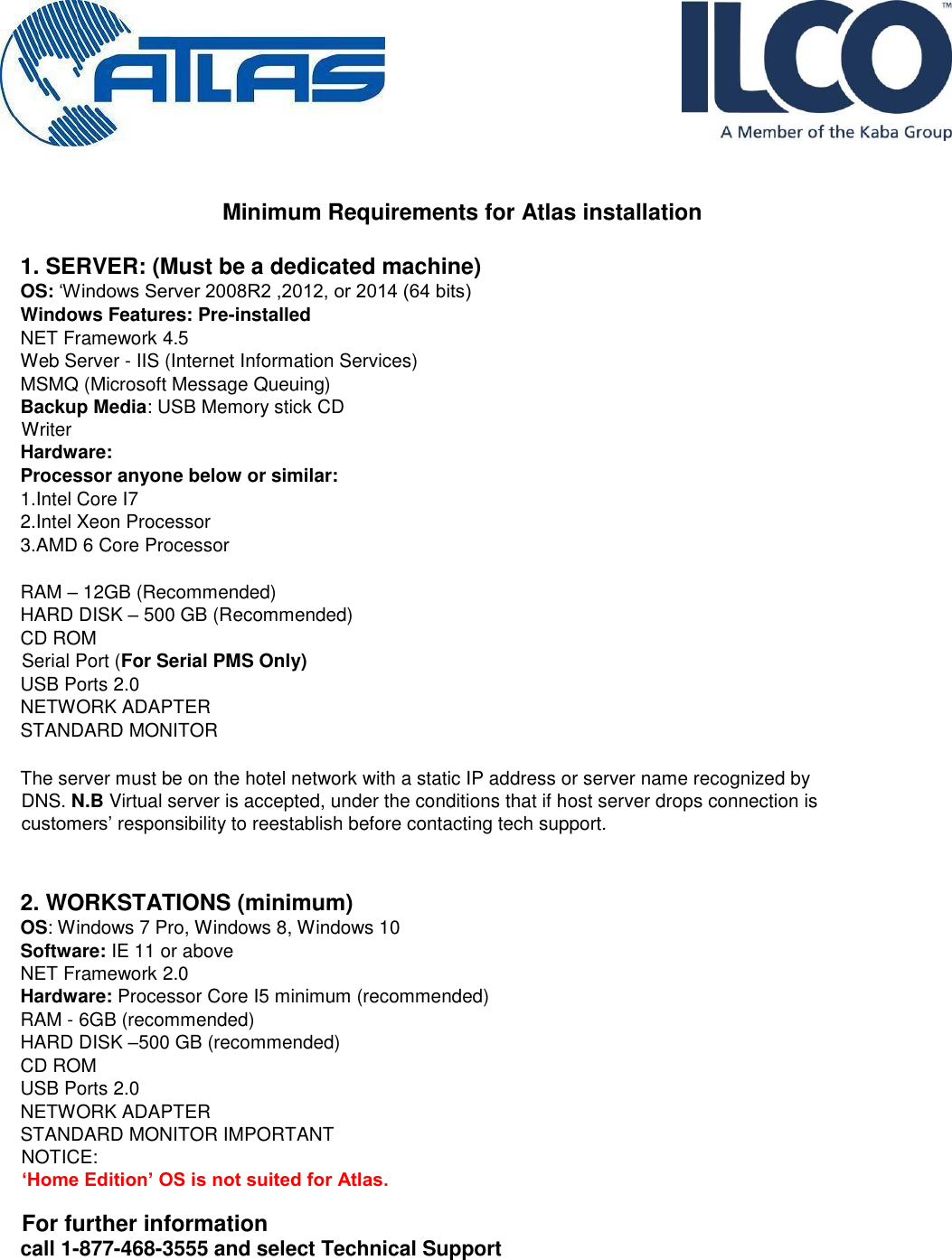 Kaba Minimum Requirements For Atlas Installation