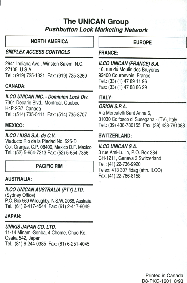 Kaba Simplex 9600 Spring Latch Installation Instructions D8 PKG1601