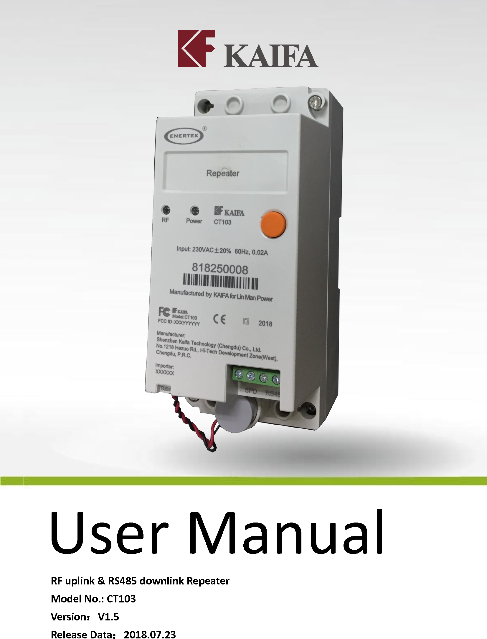 Kaifa Technology CT103 Repeater User Manual