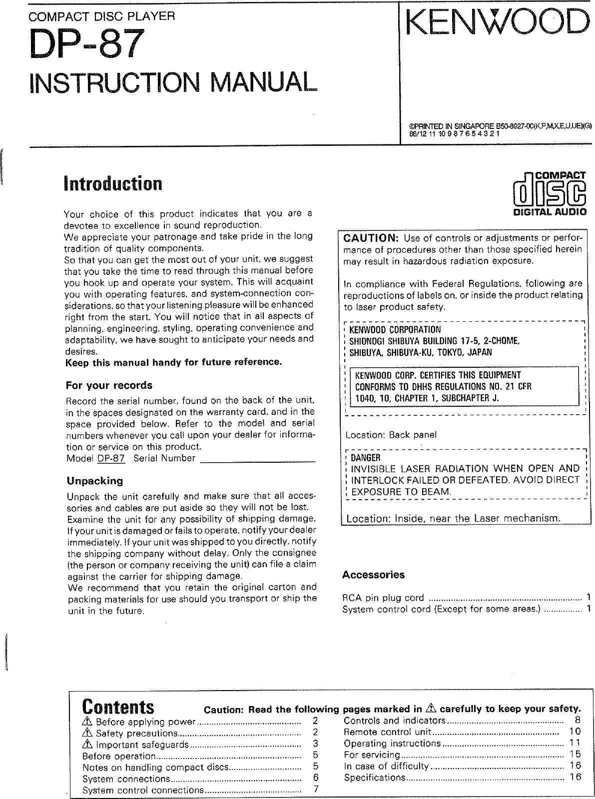 Kenwood Dp 87 Owner S Manual
