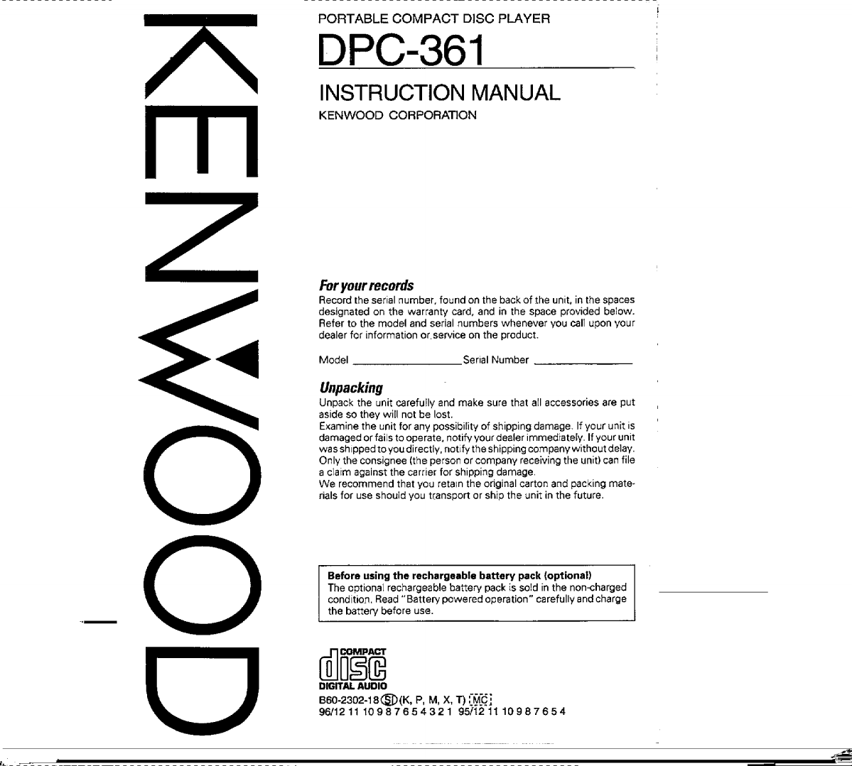Kenwood Dpc 361 Owner S Manual PORTABLE CD PLAYER