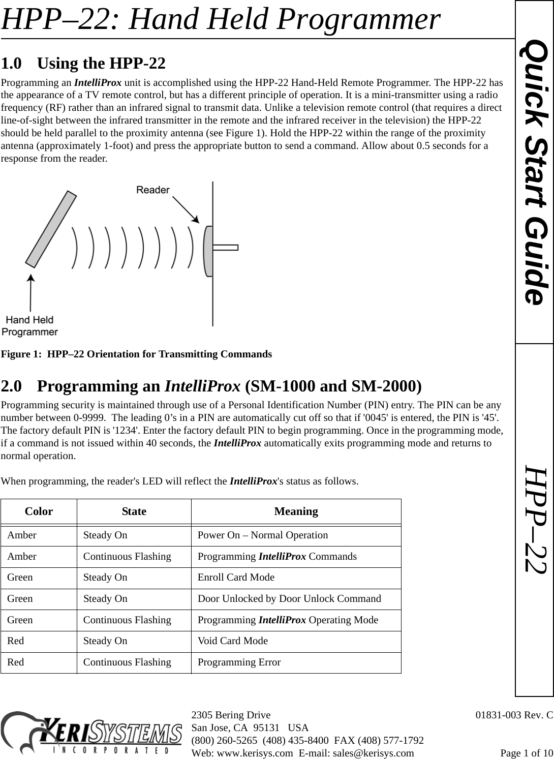 Keri Systems HPP 22_Combo 22 Hand Held Programmer Quick Start Guide