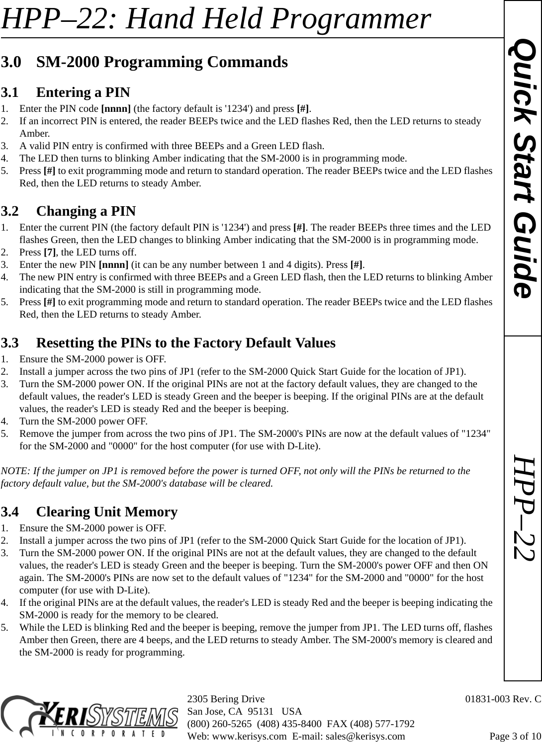 Keri Systems HPP 22_Combo 22 Hand Held Programmer Quick Start Guide