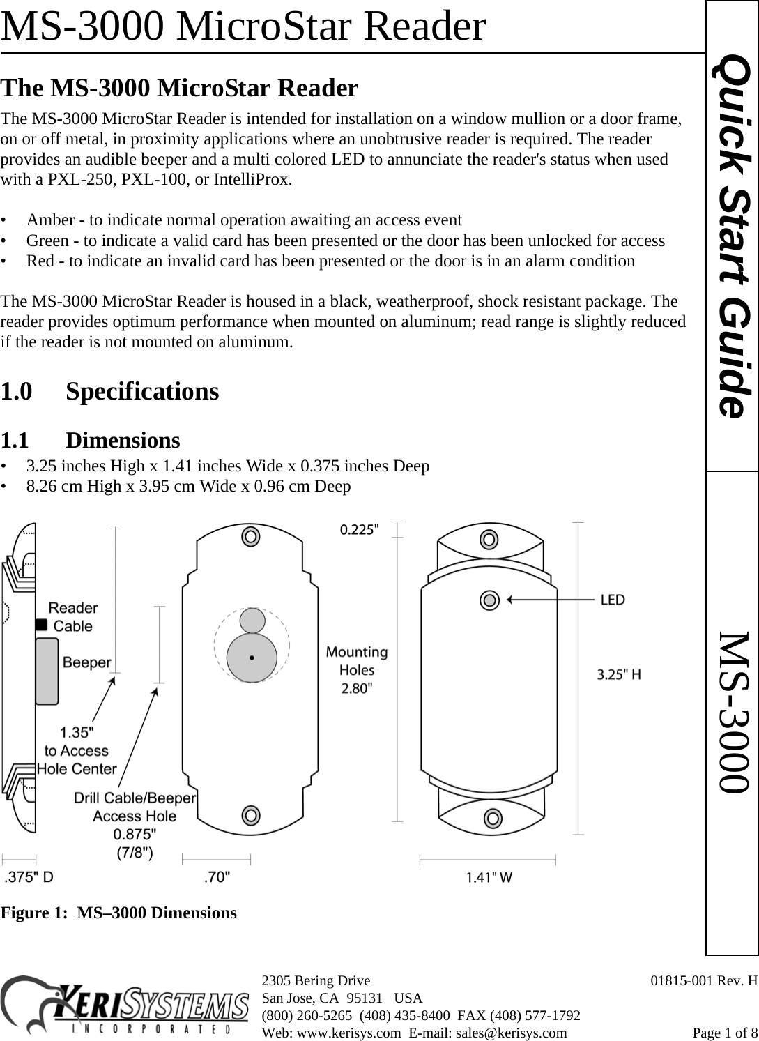Keri Systems MS 3000 QSG Micro Star Reader Product Guide Quick Start