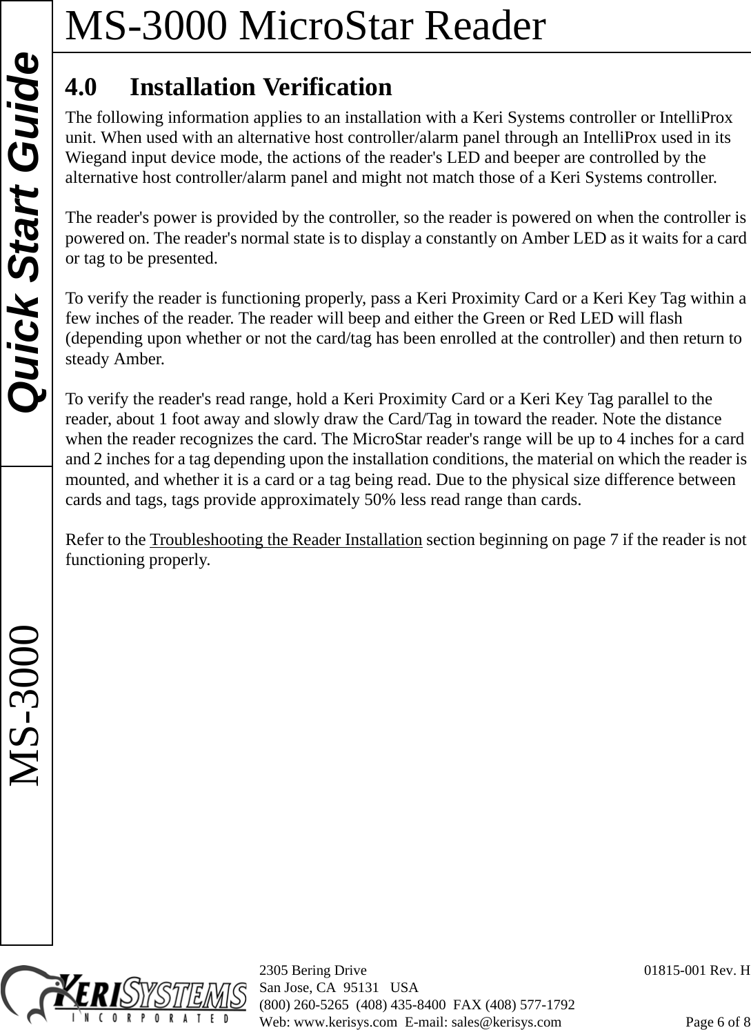 Keri Systems MS 3000 QSG Micro Star Reader Product Guide Quick Start