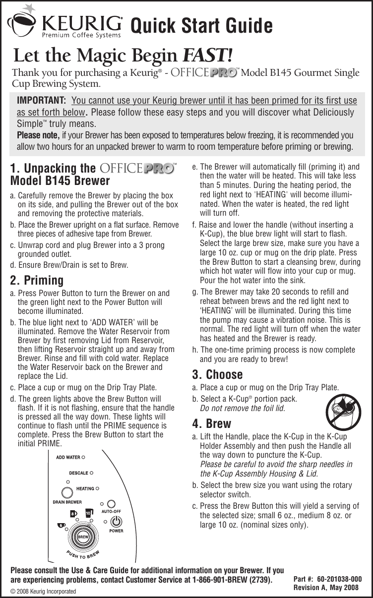 Keurig Officepro B145 Quick Start Guide B145_1023.qxp