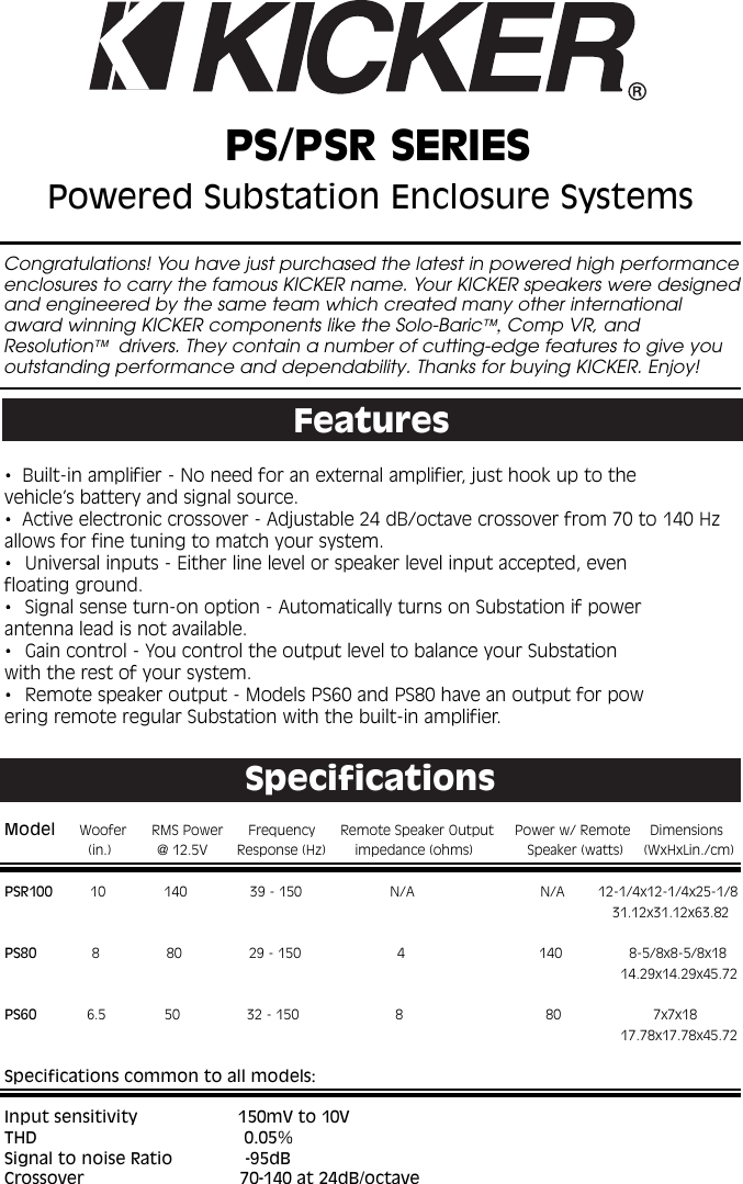 Kicker Ps And Psr Powered Substations Owners Manual Series 02