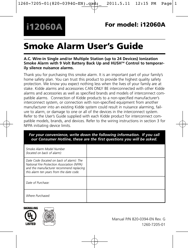 Kidde I12060 Users Manual 1260 7205 01(820 0394G EN)