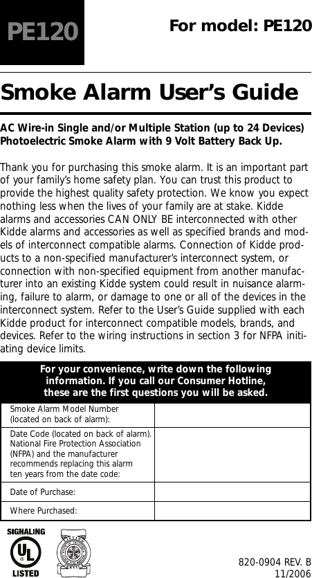 Kidde Pe120 440399 21006371 English 8200904 Owner S Manual