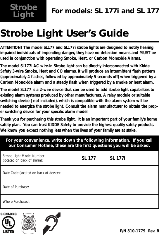 Kidde Strobe Light Sl 177I Users Manual AC Smoke Alarm User's Guide