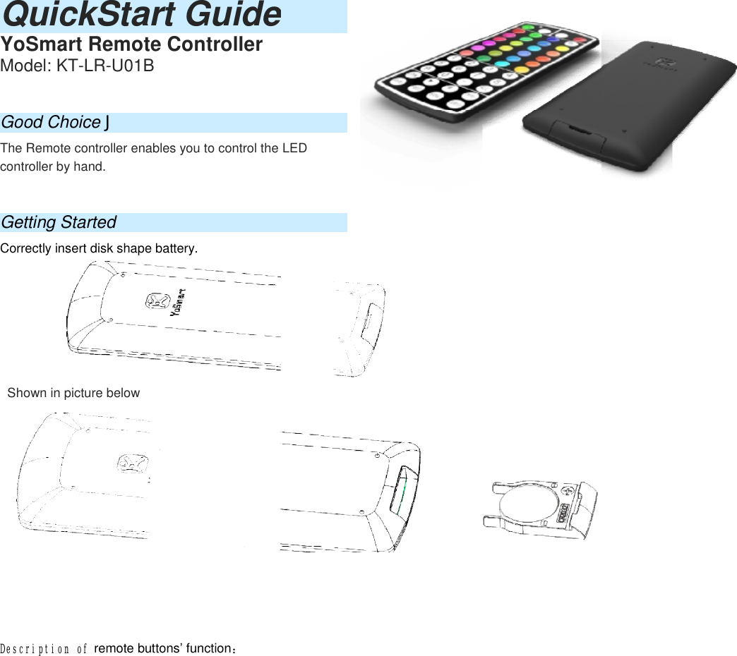 KingTing Tech KT-LR-U01B LED Strip Remote Controller User Manual