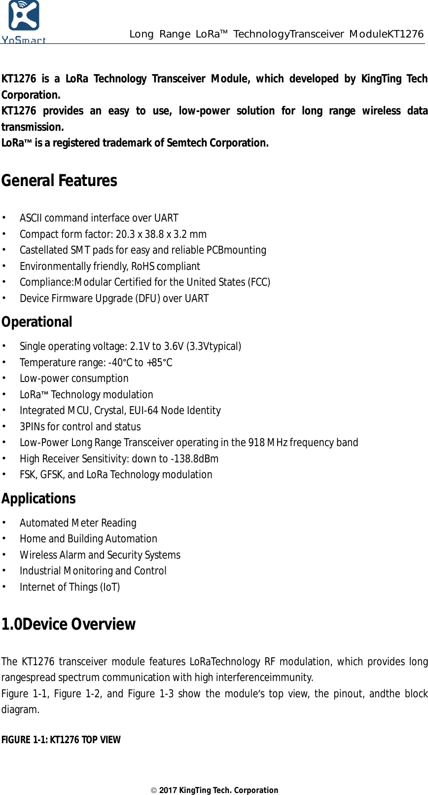 KingTing Tech KT1276 LoRa Technology Transceiver Module User Manual KT1276x