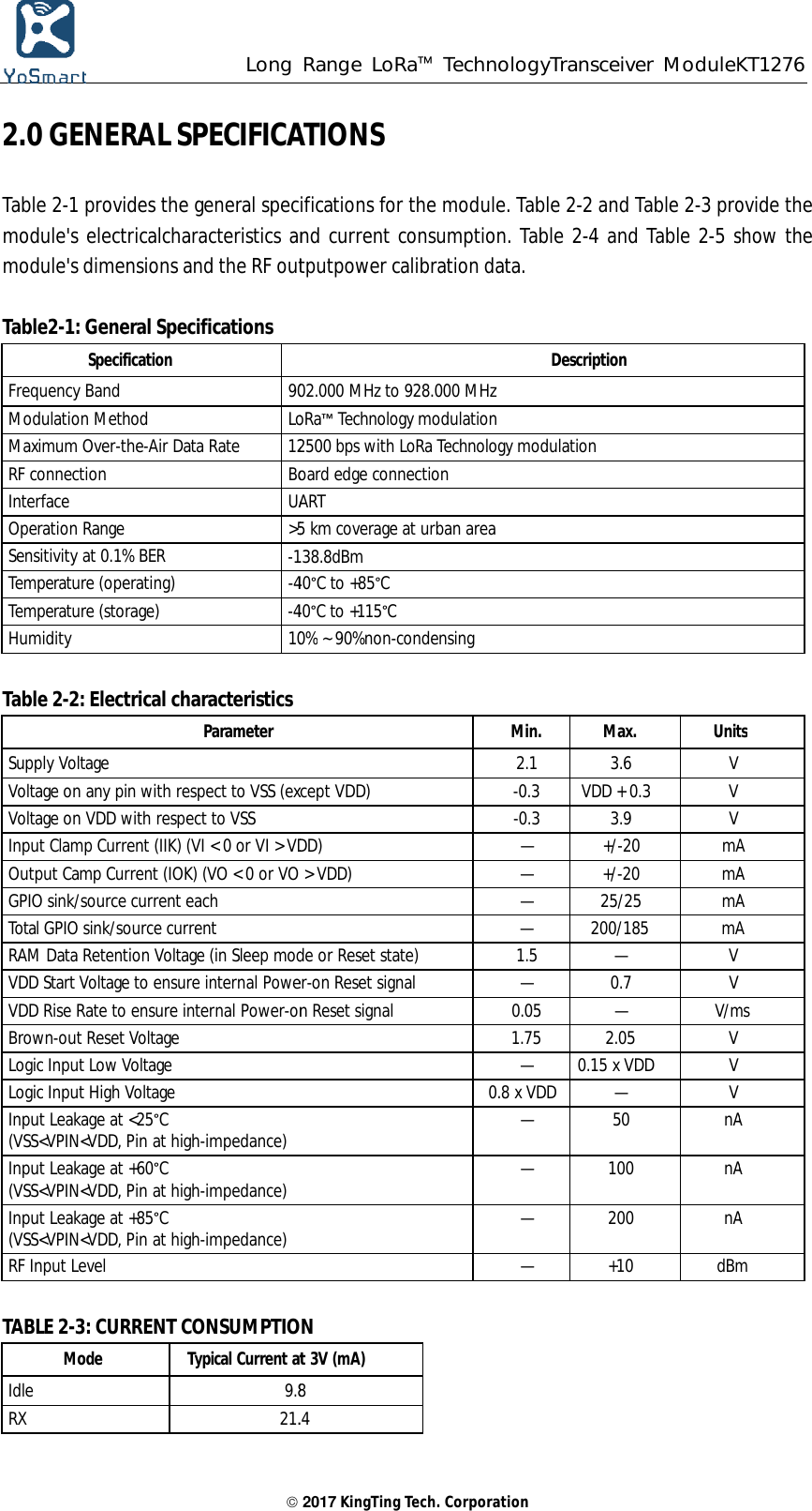 KingTing Tech KT1276 LoRa Technology Transceiver Module User Manual KT1276x