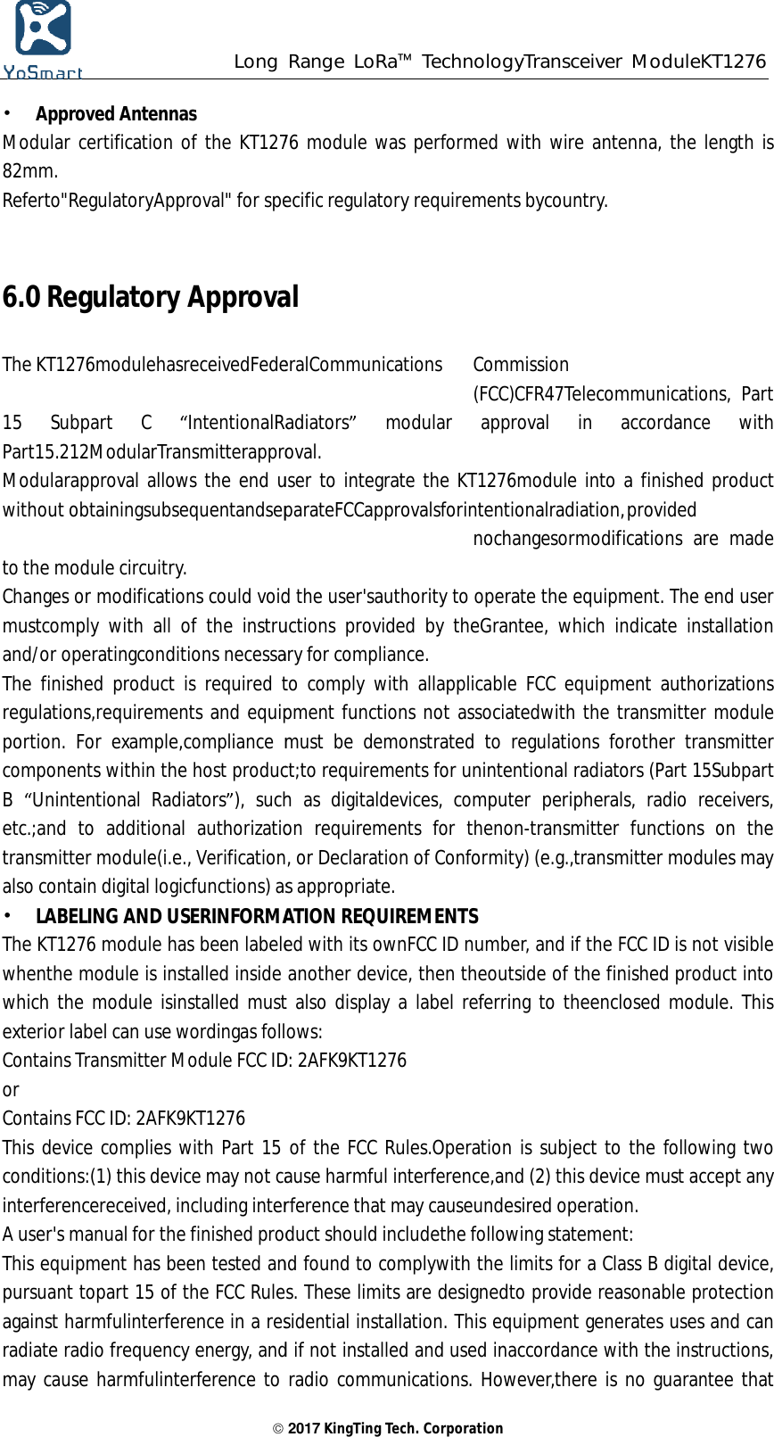 KingTing Tech KT1276 LoRa Technology Transceiver Module User Manual KT1276x