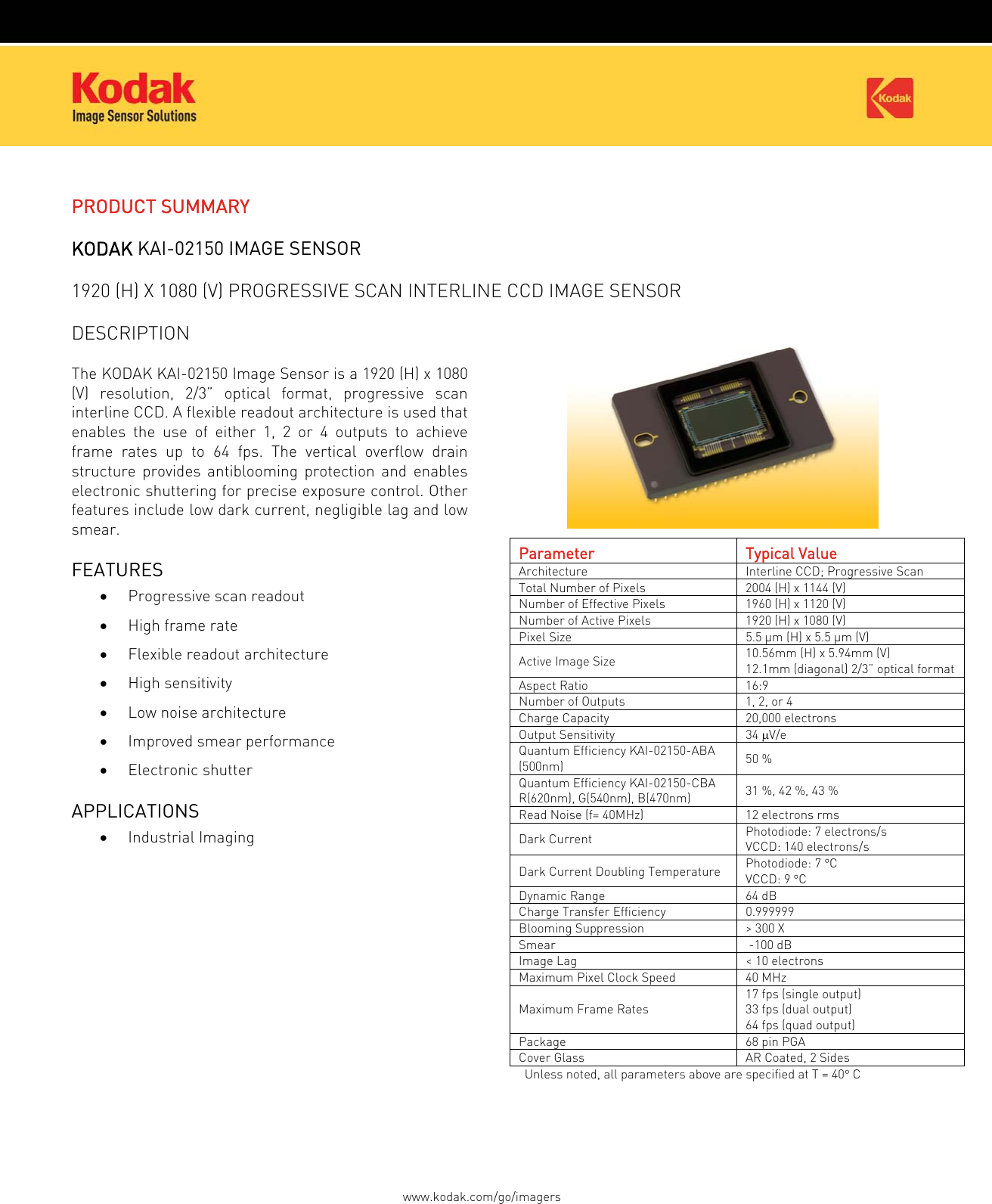 Kodak Image Sensor Kai 02150 Users Manual APPLICATION NOTE
