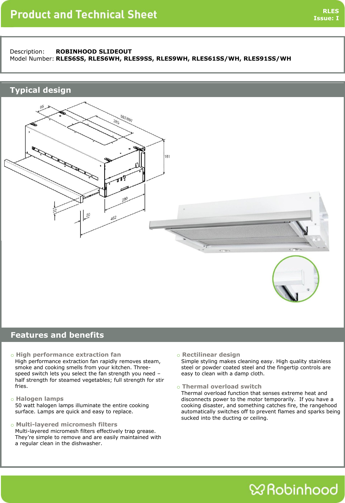 Number: RBH RLES61SSWH,RBH RLES91SSWH Rangehoods Out RLES 600 Spec
