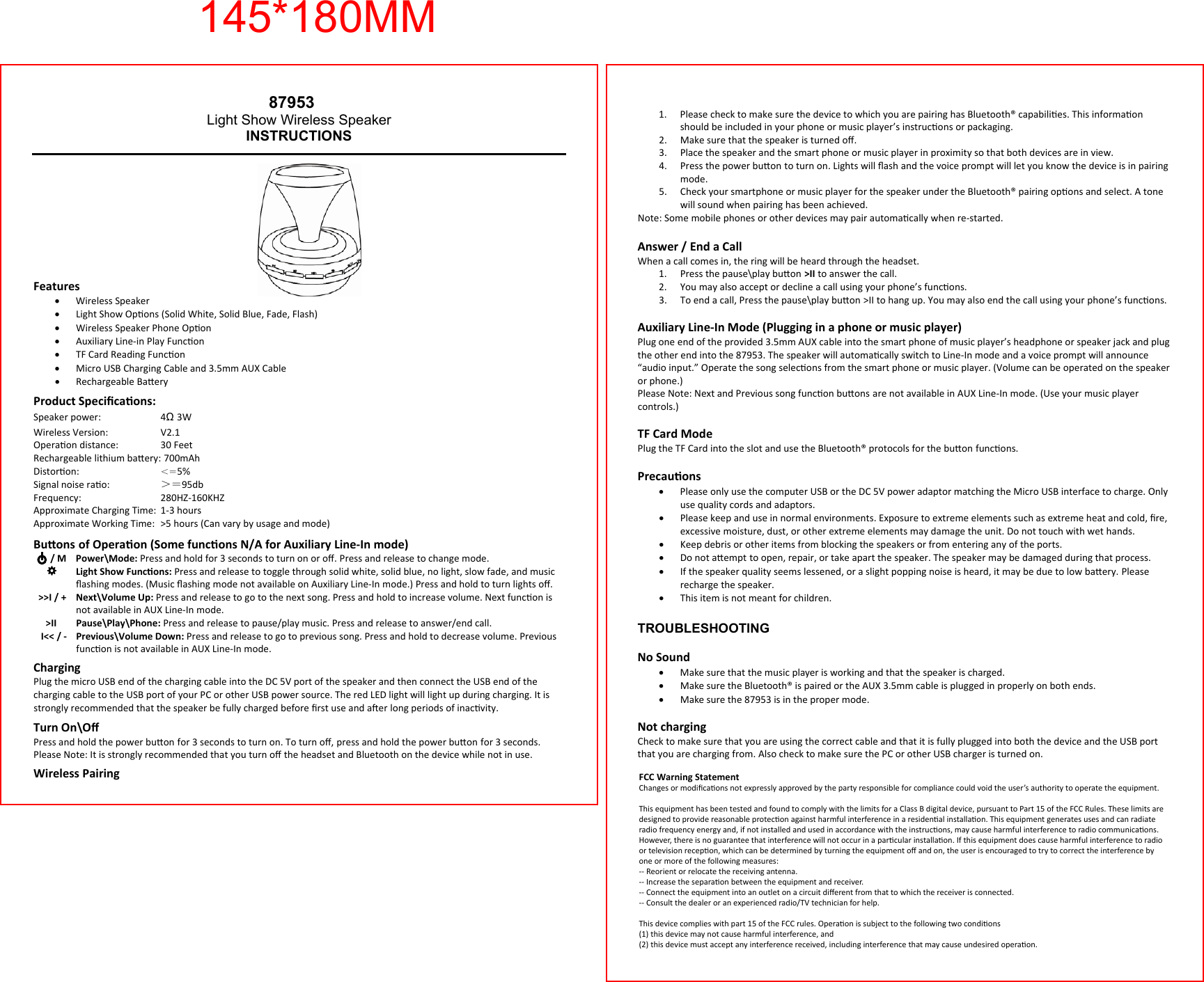 LEADER INNOVATIONS 87953 Bluetooth Speaker User Manual TEK162 Instructions