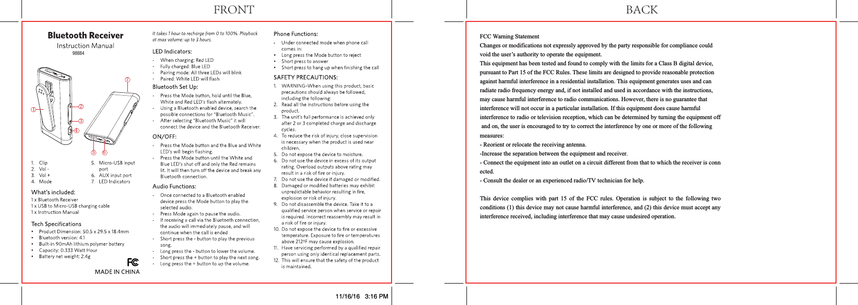 LEADER INNOVATIONS 98884 Bluetooth receiver User Manual