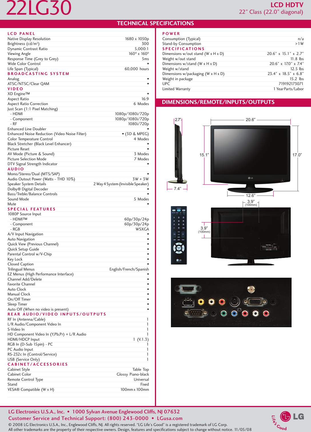 LG 22LG30 User Manual Specification Spec Sheet