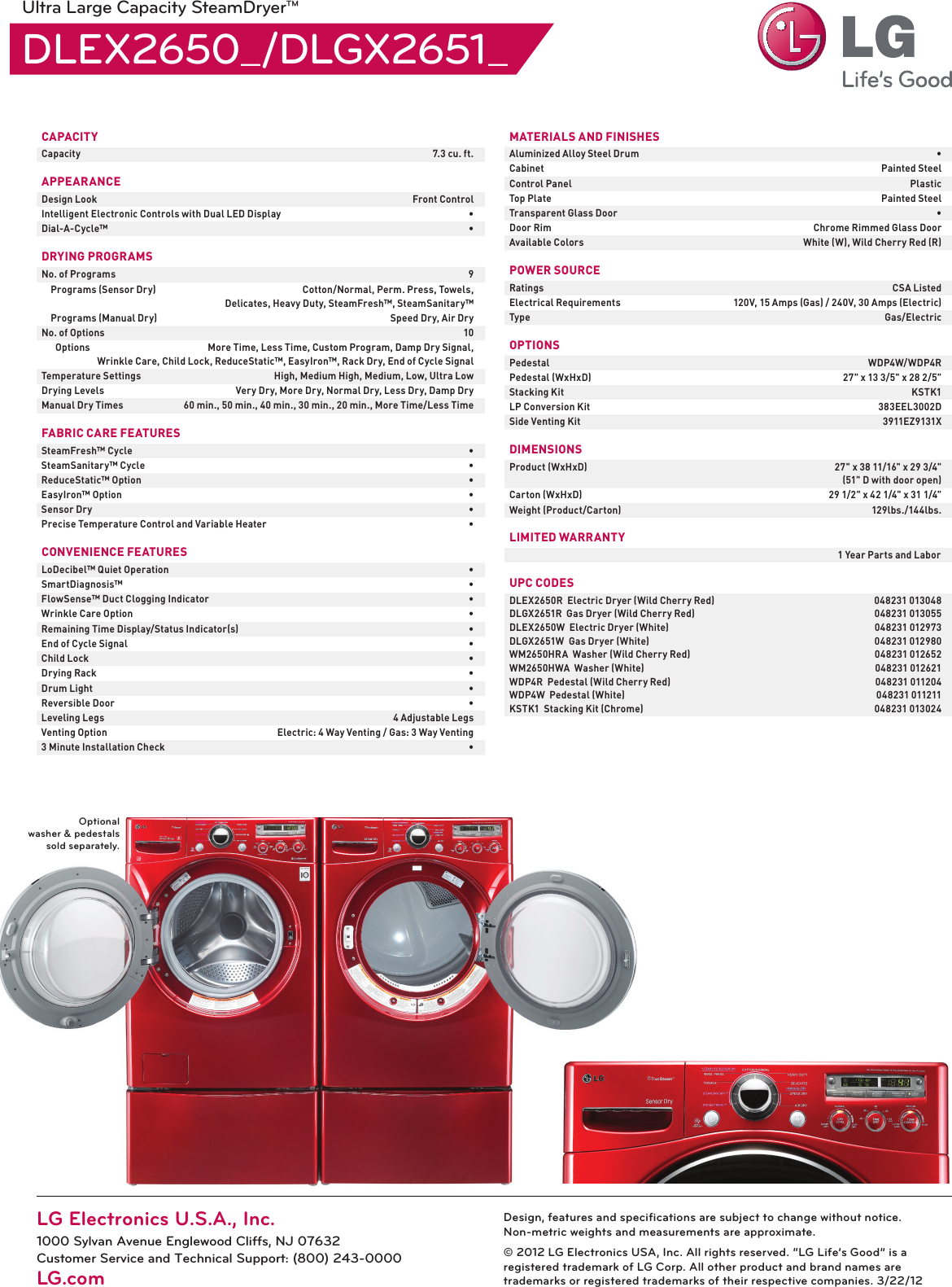 LG DLEX2650W User Manual Specification DLEX2650 DLGX2651 Dryer Spec Sheet