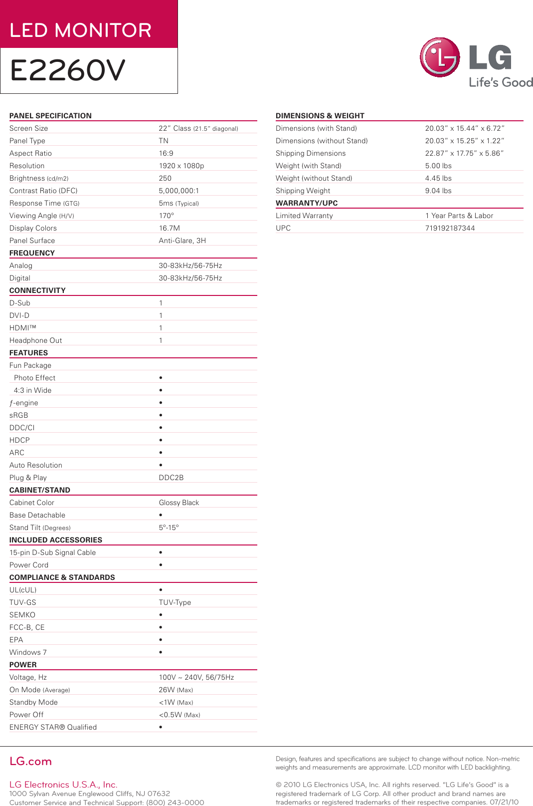 LG E2260V PN LED Monitor Specification User Manual