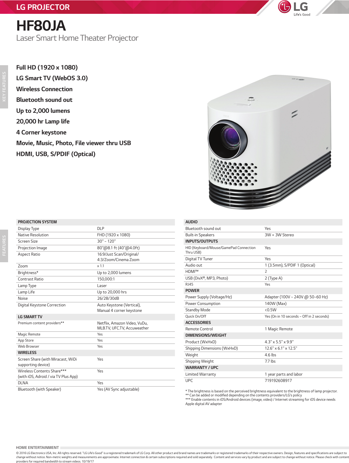 LG HF80JA User Manual Specification Spec Sheet 20171019