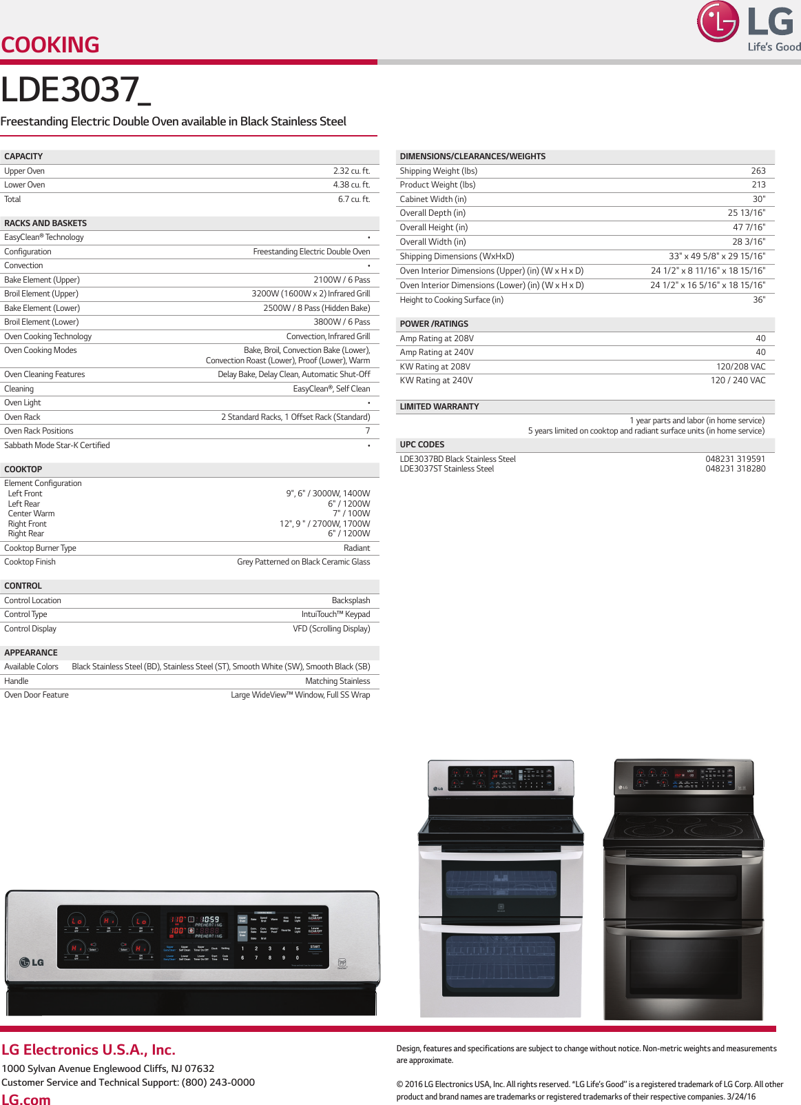 LG LDE3037ST User Manual Specification LDE3037 Spec Sheet