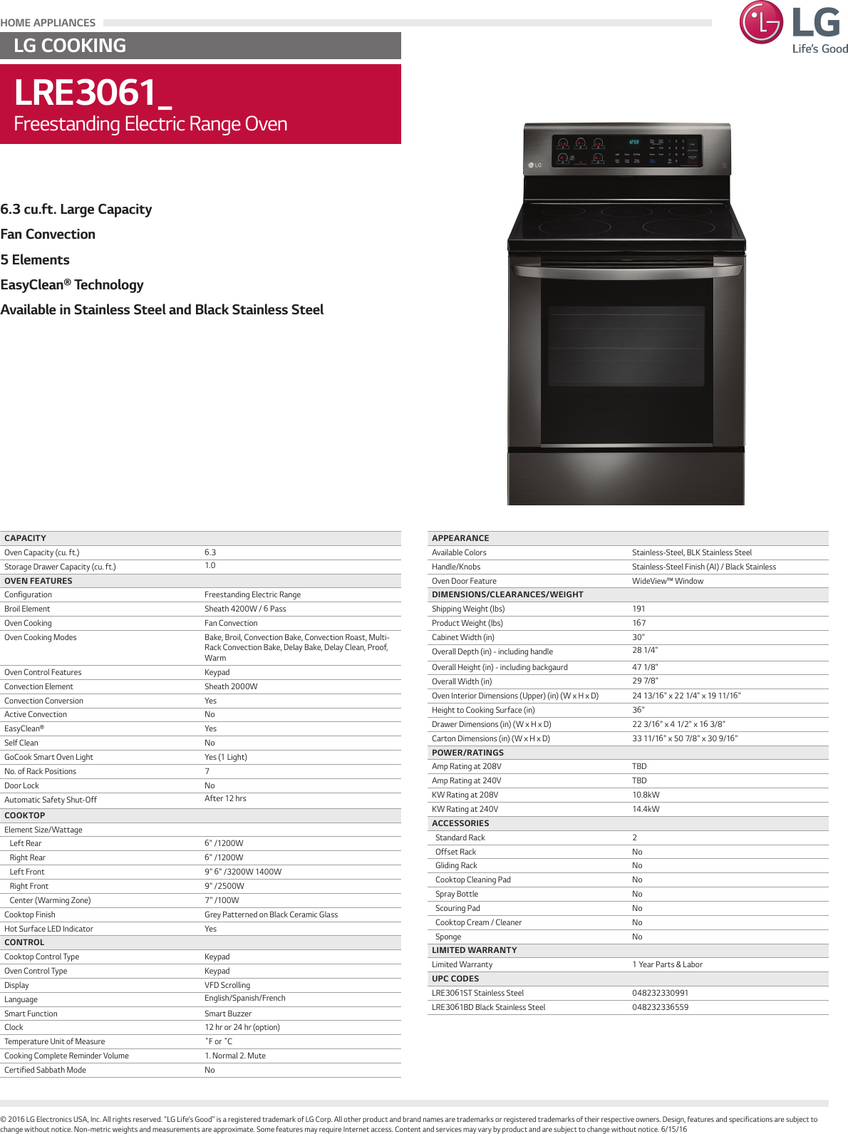 LG LRE3061ST User Manual Specification LRE3061 Spec Sheet