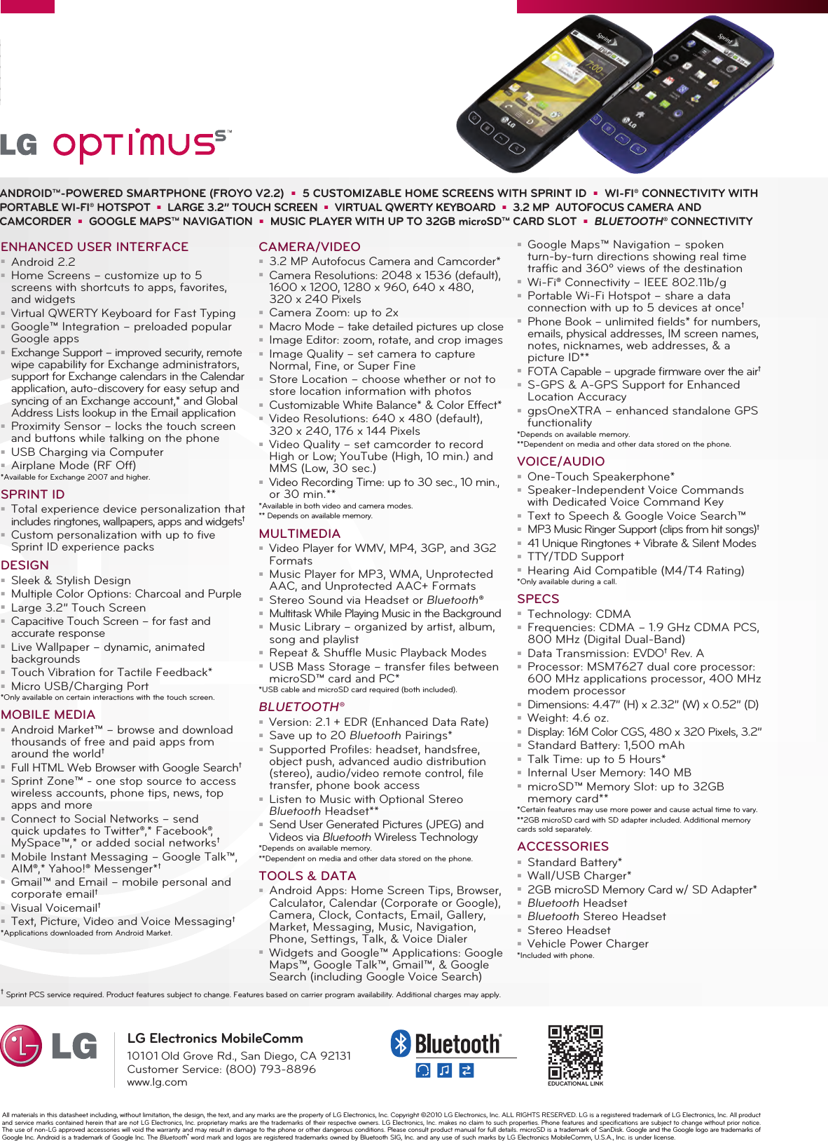 LG LS670 Purple User Manual Data Sheet Optimus S Datasheet