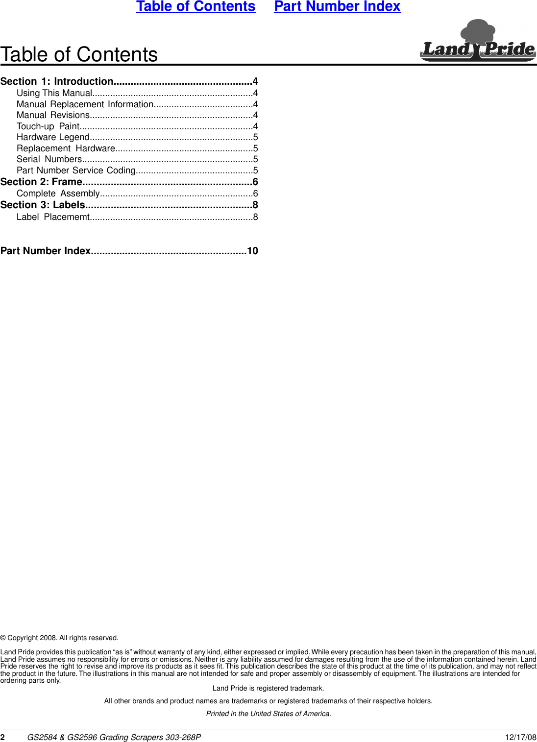 Land Pride Grading Scrapers Gs2584 Users Manual
