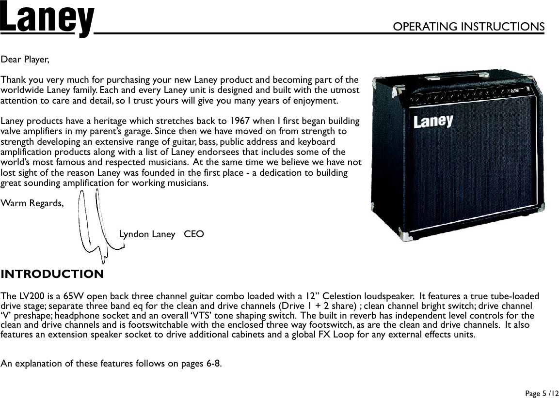 Laney Amplification Car Amplifier Lv200 Users Manual 2006 Issue 1.1