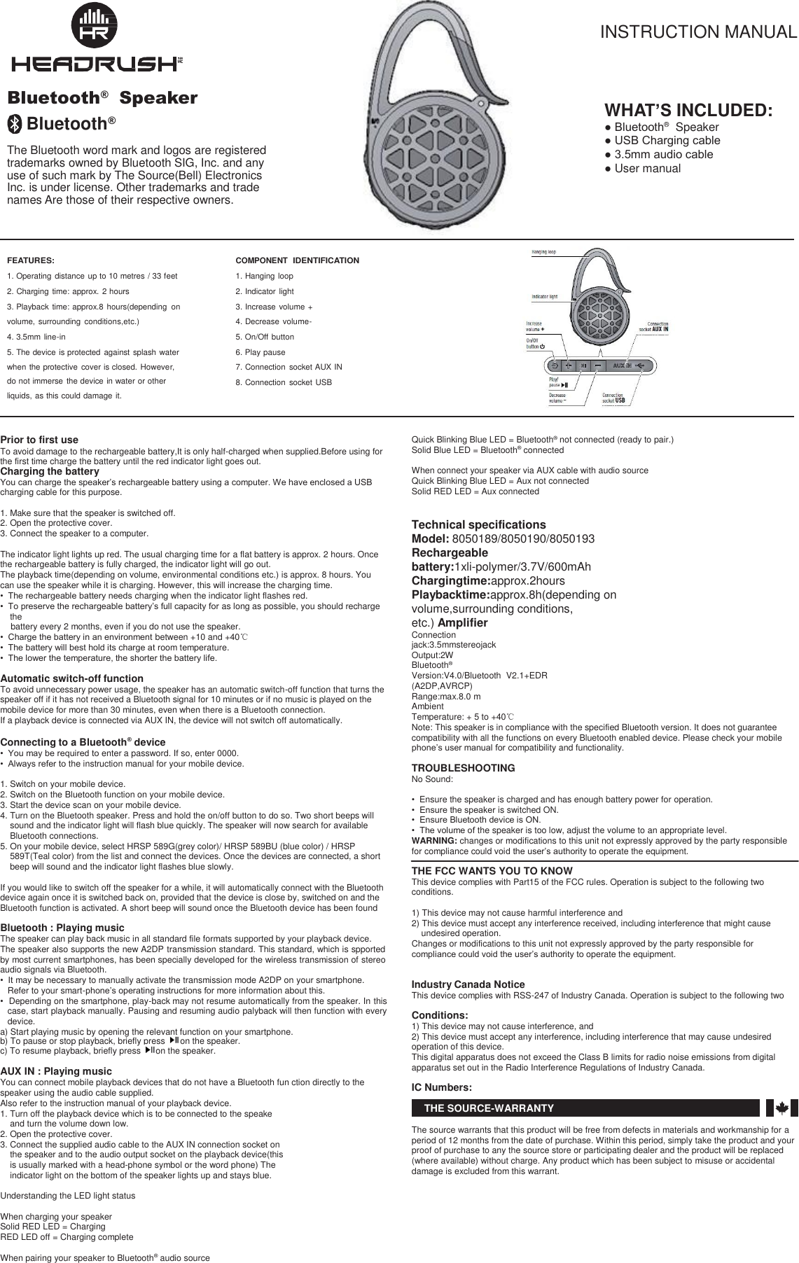 Leader Light 8050189 Bluetooth Speaker User Manual