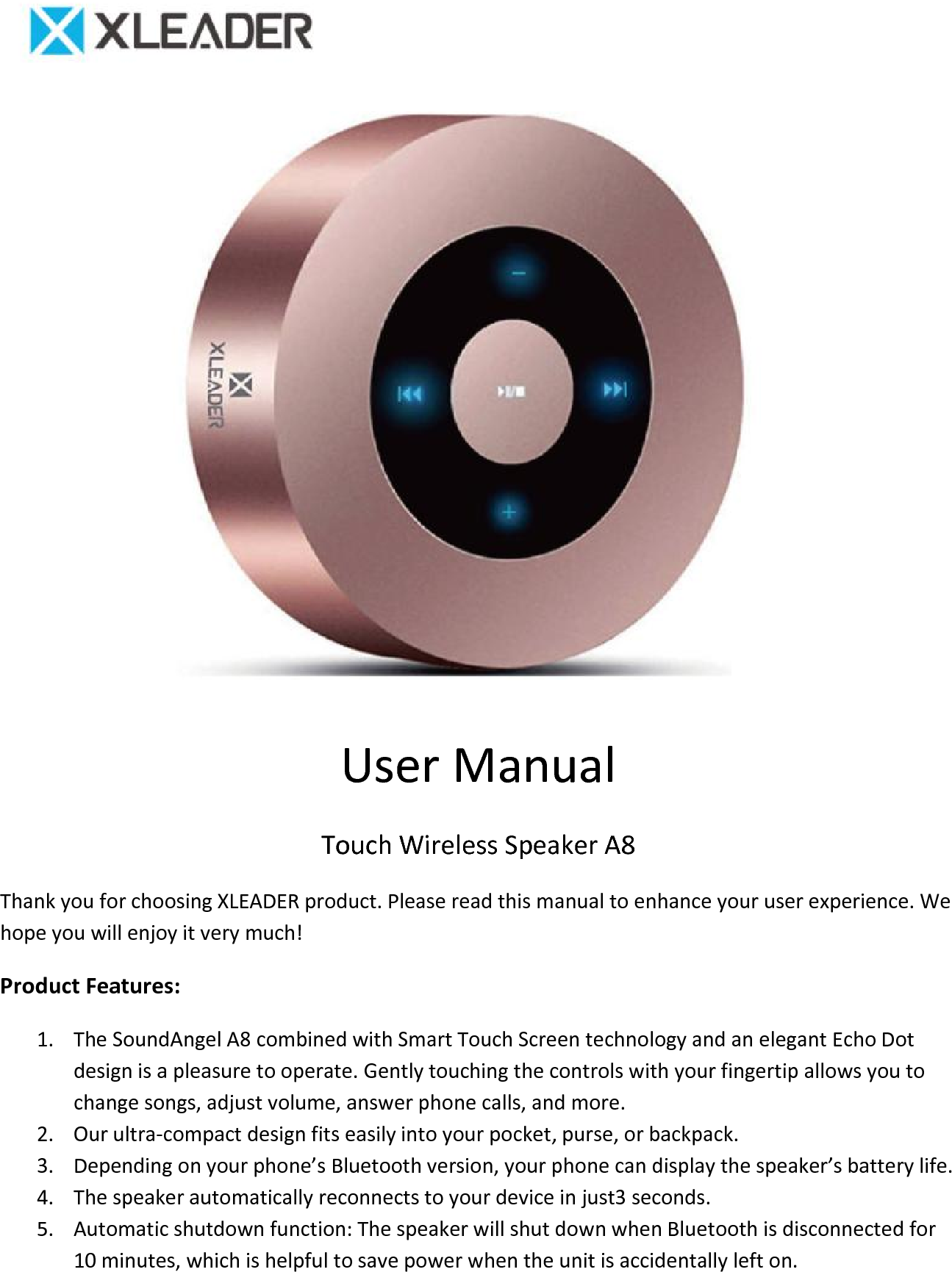 Leaderway Technology A8 Touch Wireless Speaker User Manual