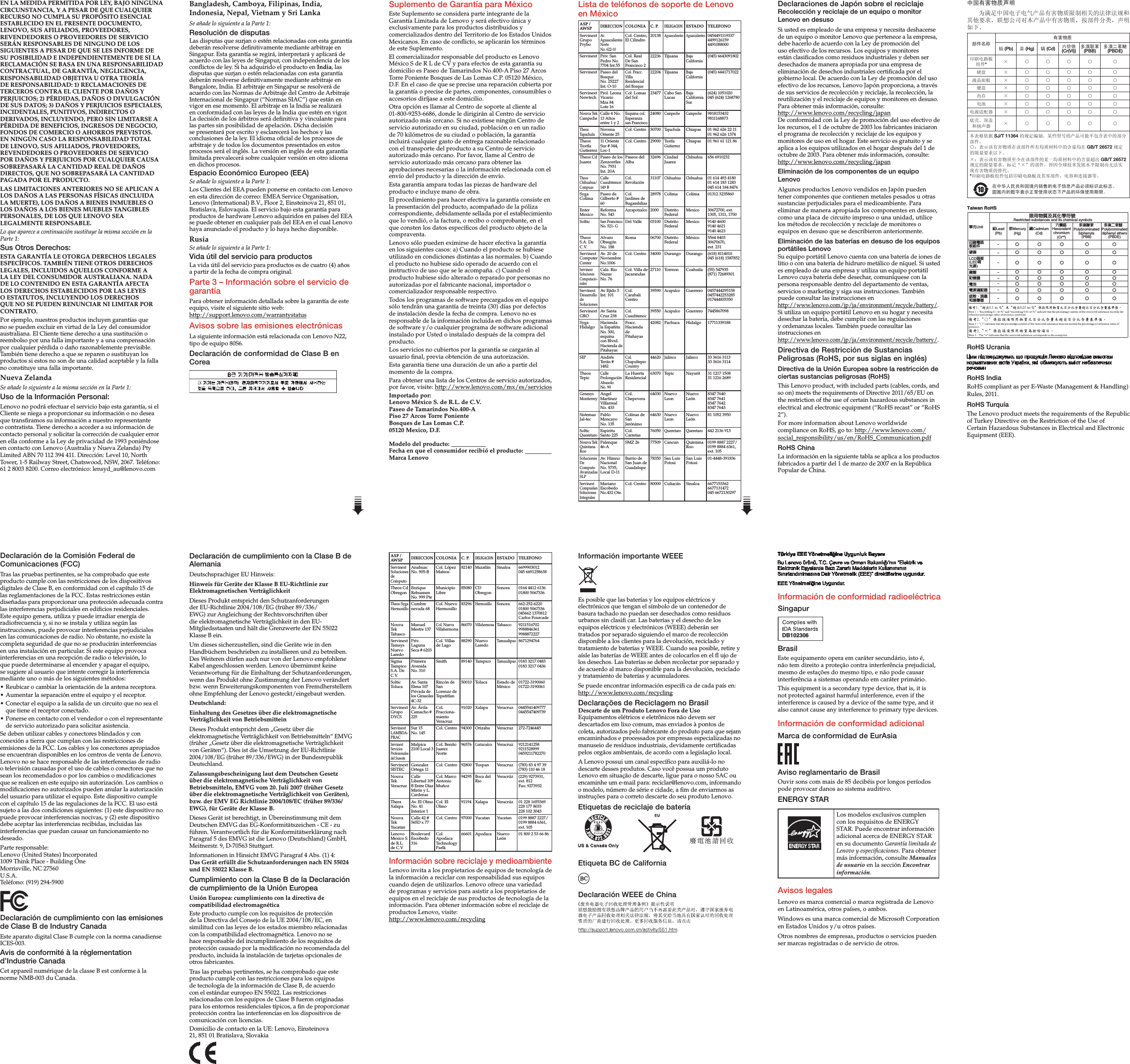 Lenovo N22 Swsg Es 201608 User Manual (Spanish) Safety, Warranty, And ...