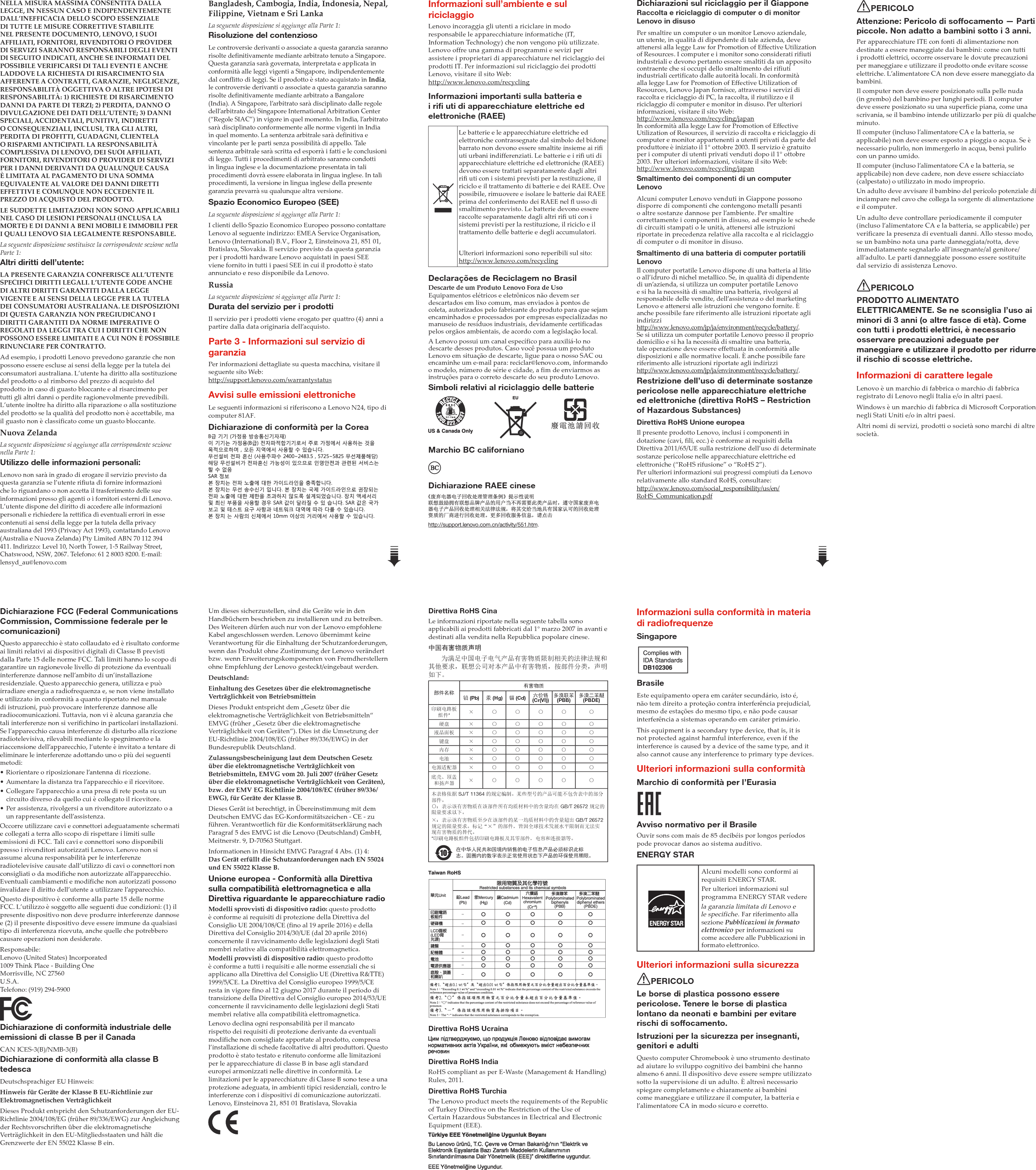 Lenovo N24 Swsg It 201705 User Manual (Italian) Safety, Warranty, And ...
