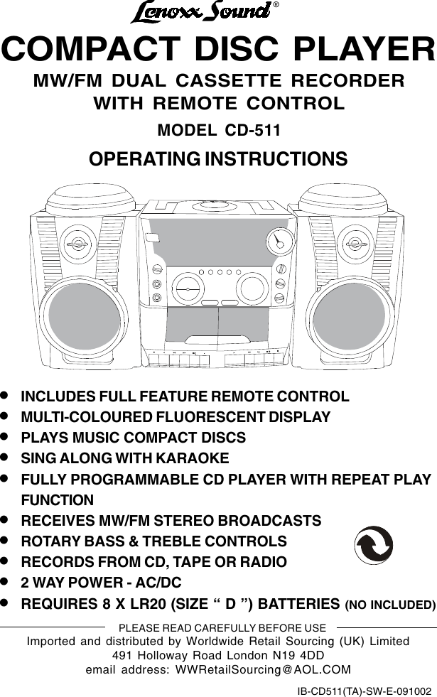 Lenoxx Cd 511 Users Manual 511(TA) WM E 091002.p65