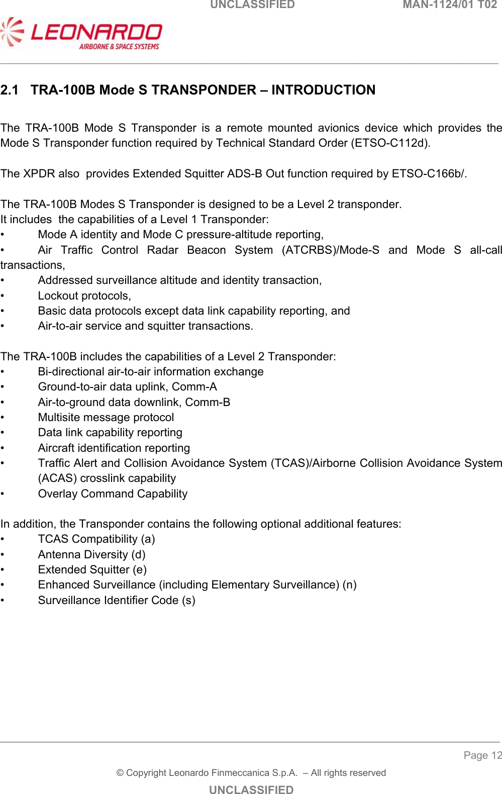 Leonardo S p a TRA100B Part 87 Aircraft Licensed Transmitter operating ...