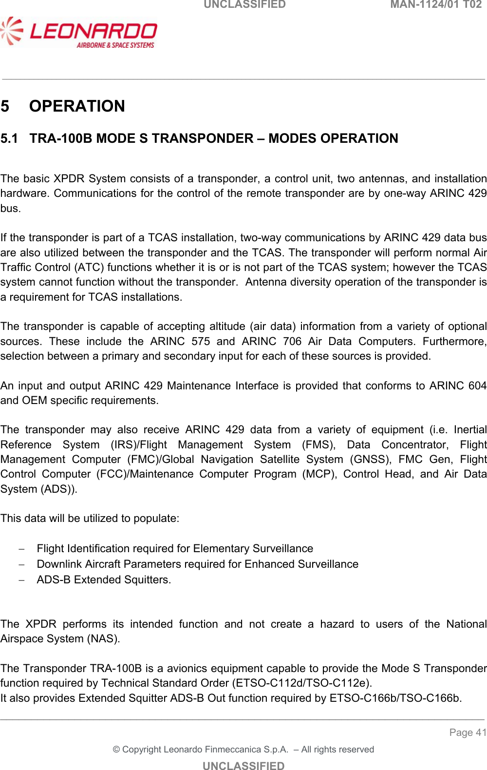 Leonardo S p a TRA100B Part 87 Aircraft Licensed Transmitter operating ...
