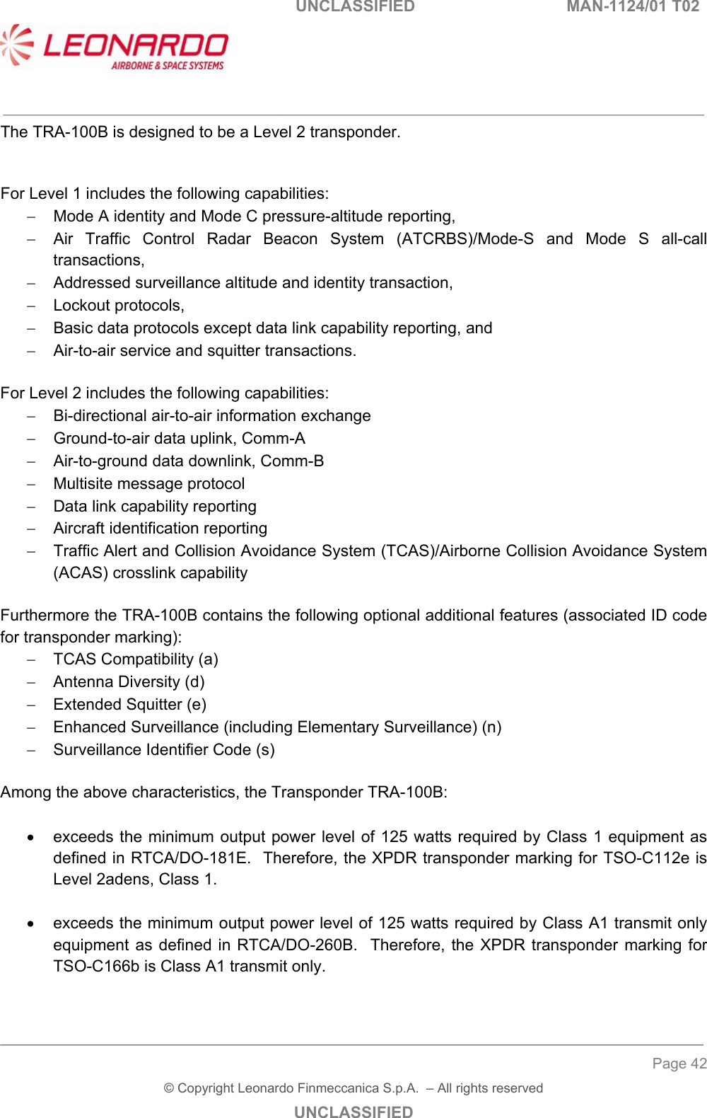 Leonardo S p a TRA100B Part 87 Aircraft Licensed Transmitter operating ...