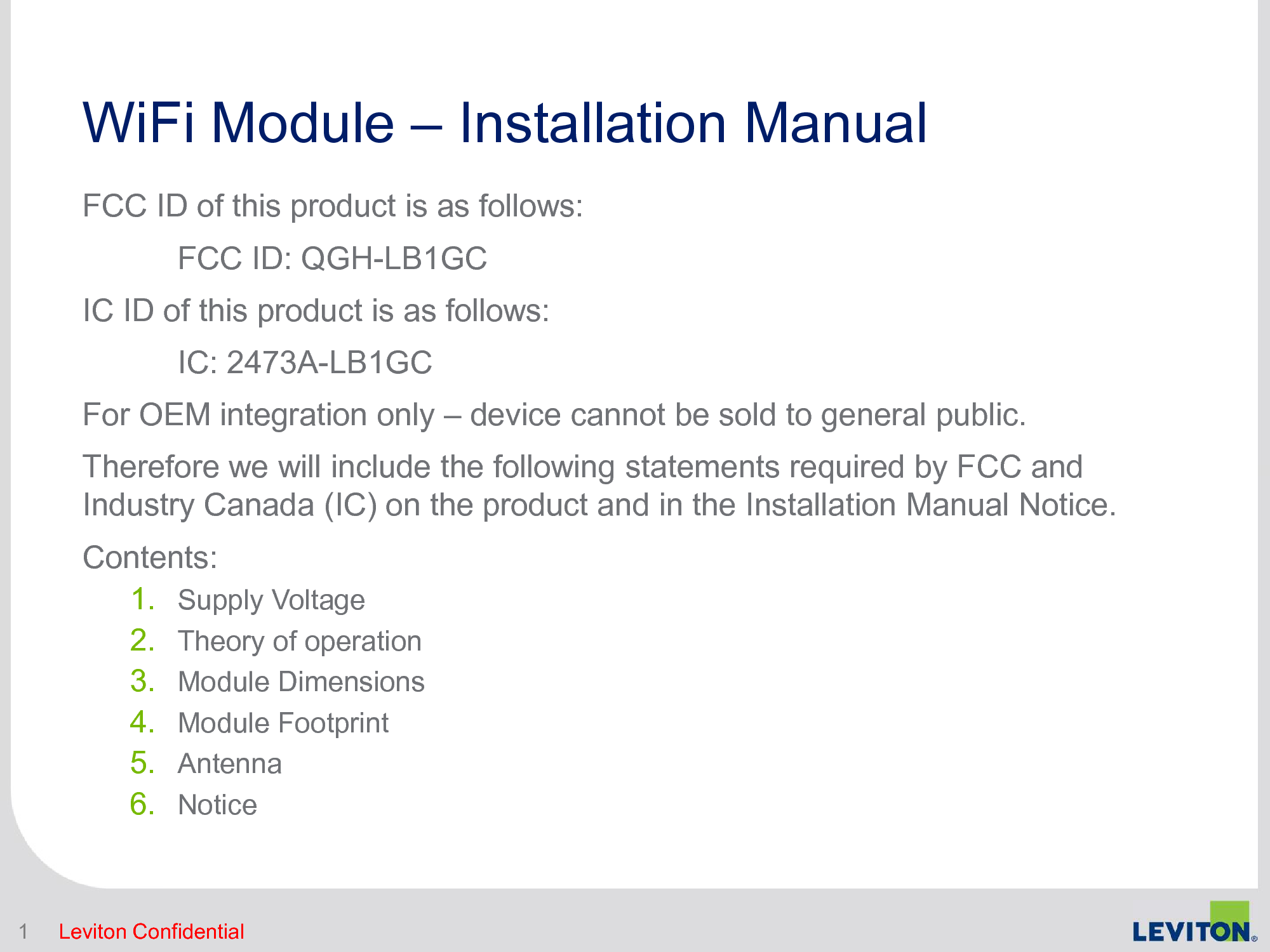 Leviton LB1GC B3778 WIFI Transceiver Module, Type 1GC User Manual ...