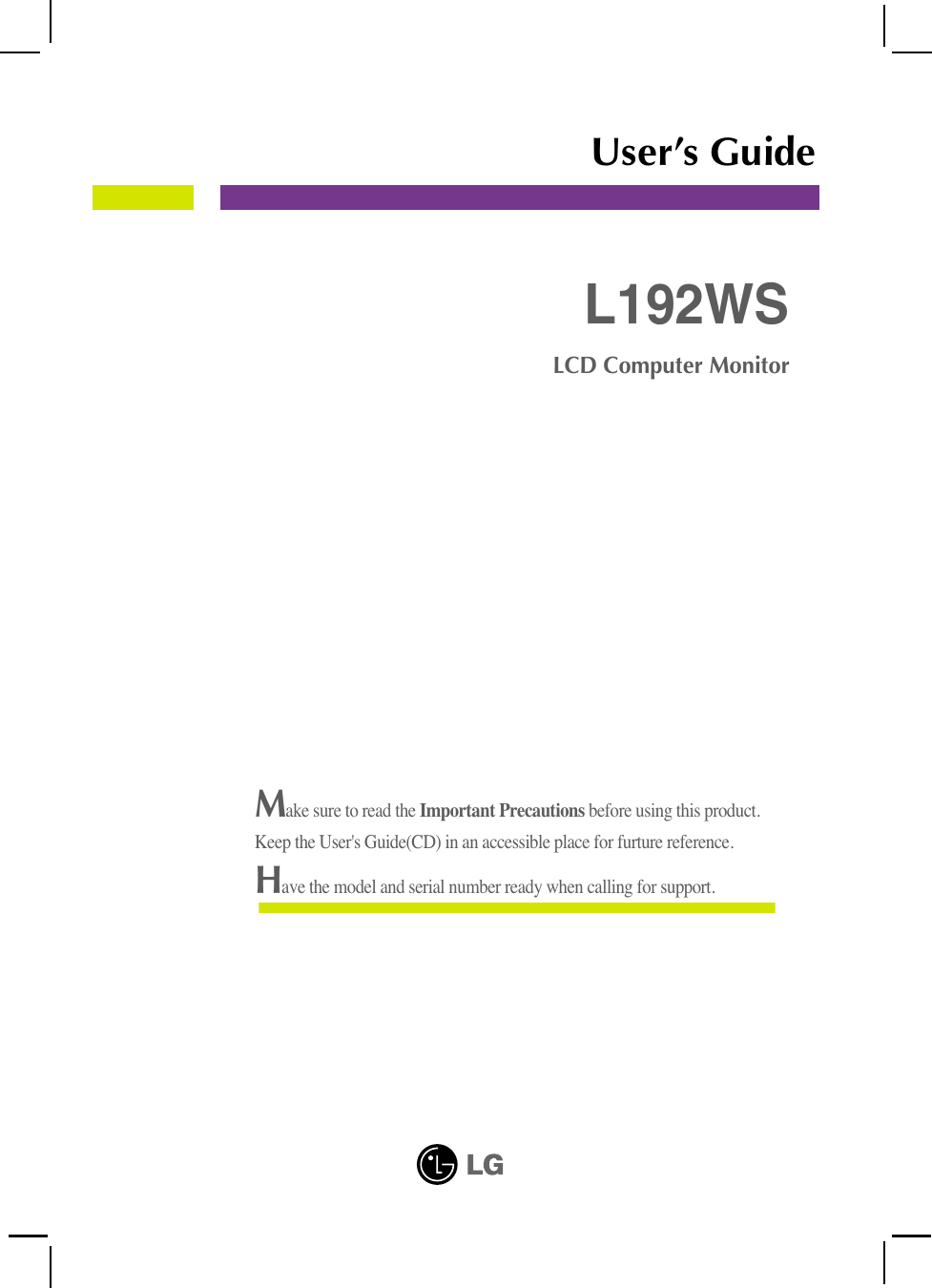 Lg Computer Monitor L192Ws Users Manual Flatron User Guide Operating ...