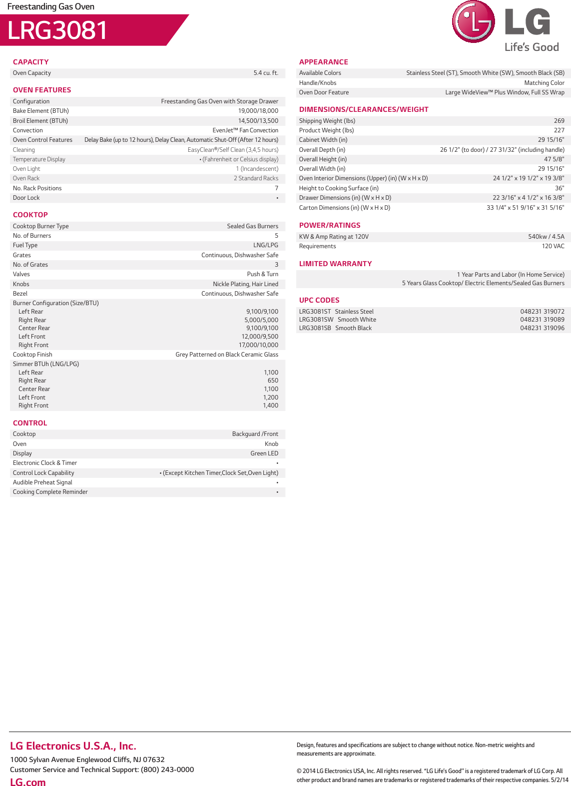 Lg Lrg3081St Specification Sheet