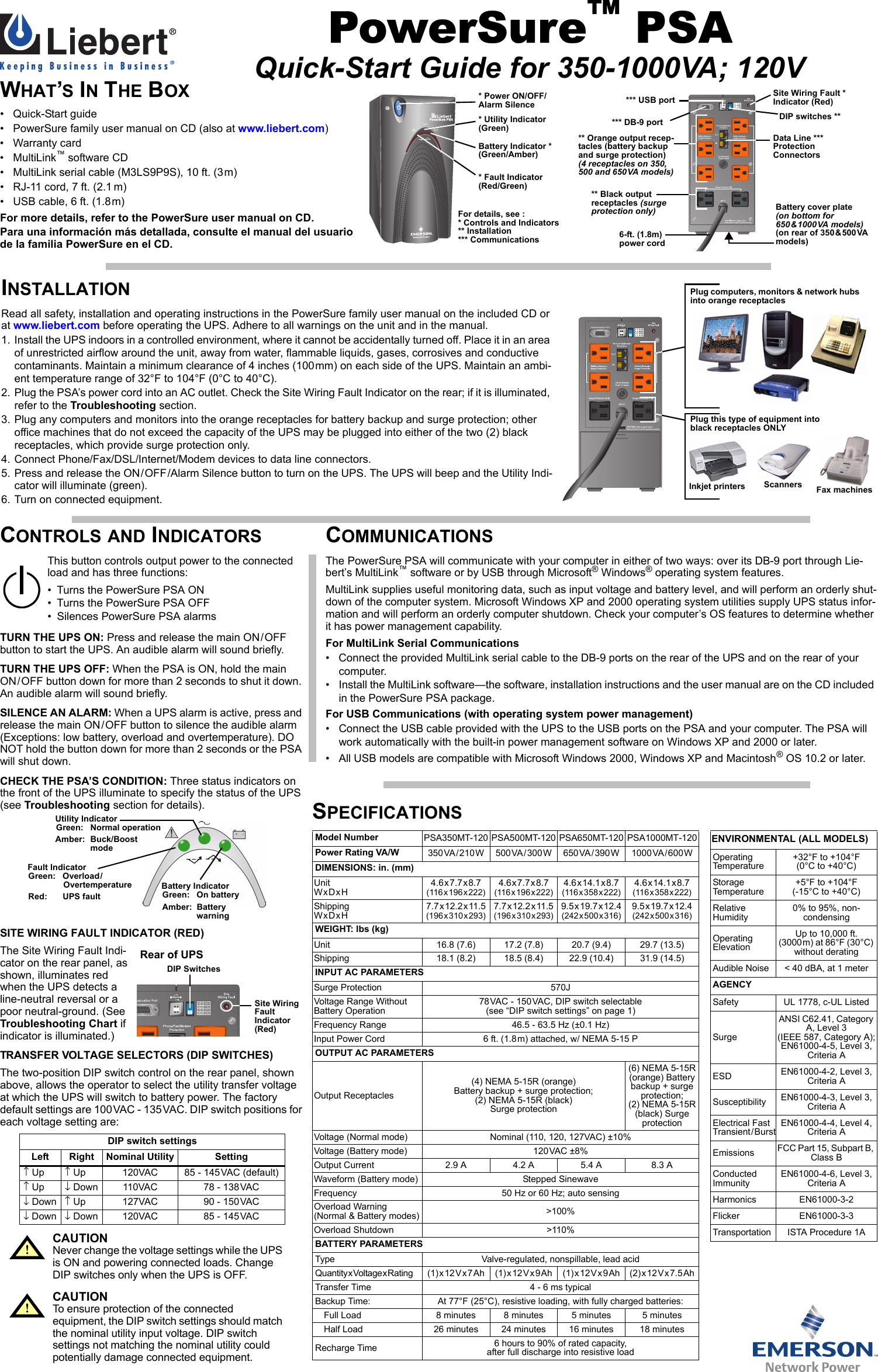 Liebert Powersure Psa 350 1000Va Users Manual 23270QS