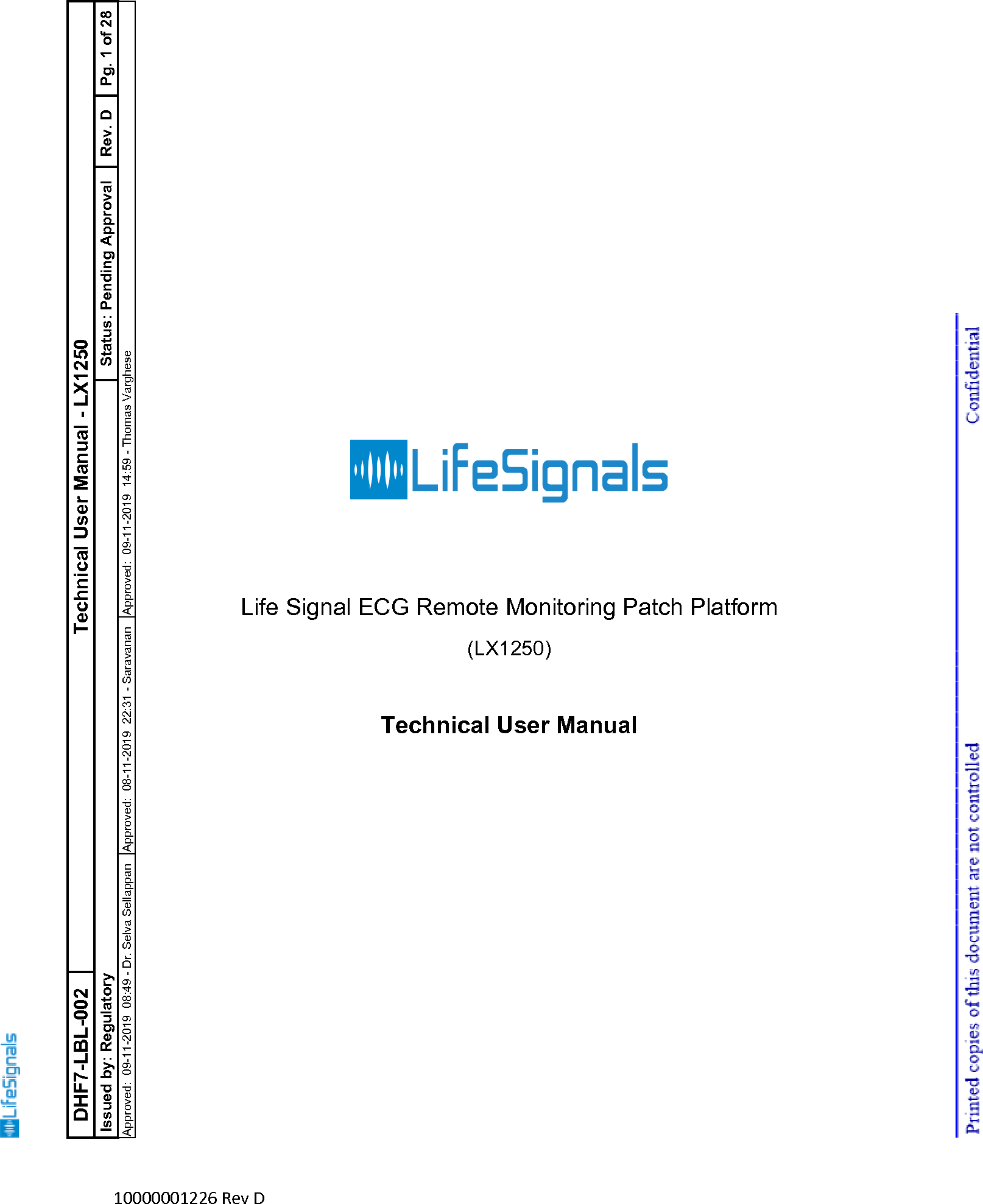 LifeSignals LP1250 ECG Remote Monitoring Patch Platform User Manual