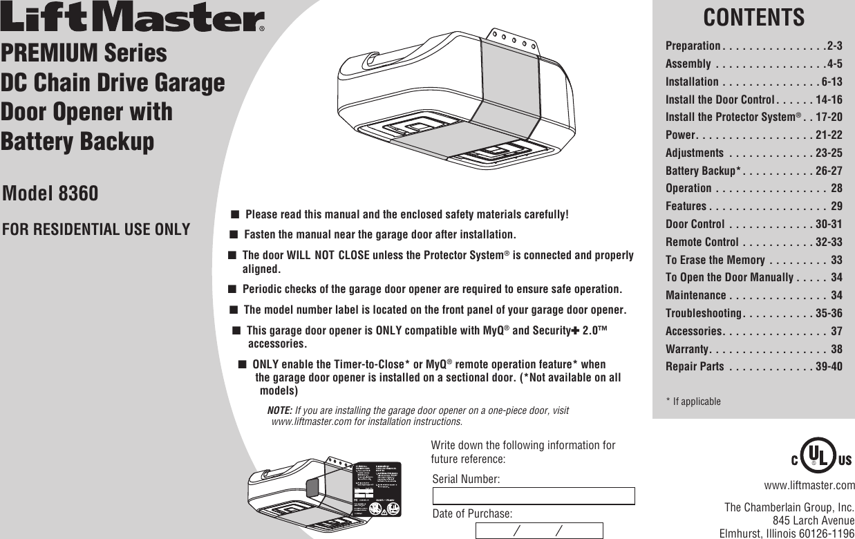 Liftmaster 8360 Chain Drive Garage Door Opener Owners Manual