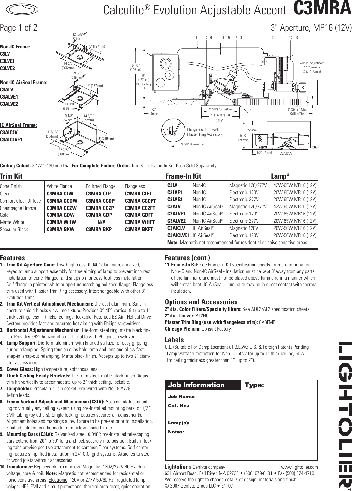 Lightolier Calculite Evolution Adjustable Accent C3Mra Users Manual