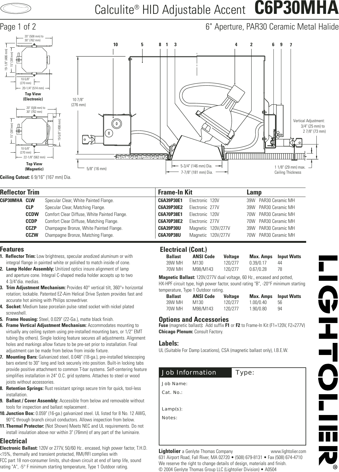 Lightolier Calculite Hid Adjustable Accent C6P30Mha Users Manual