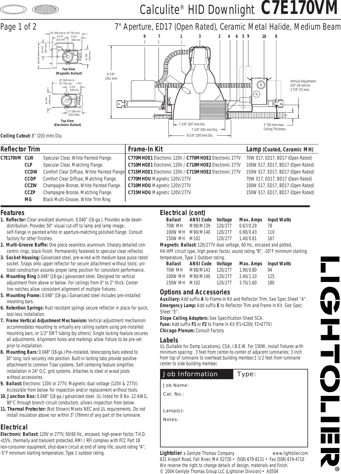 Lightolier Calculite Hid Downlight C7E17Ovm Users Manual
