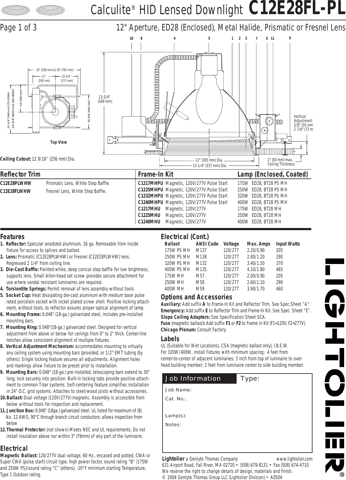 Lightolier Calculite Hid Lensed Downlight C12E28Fl Pl Users Manual