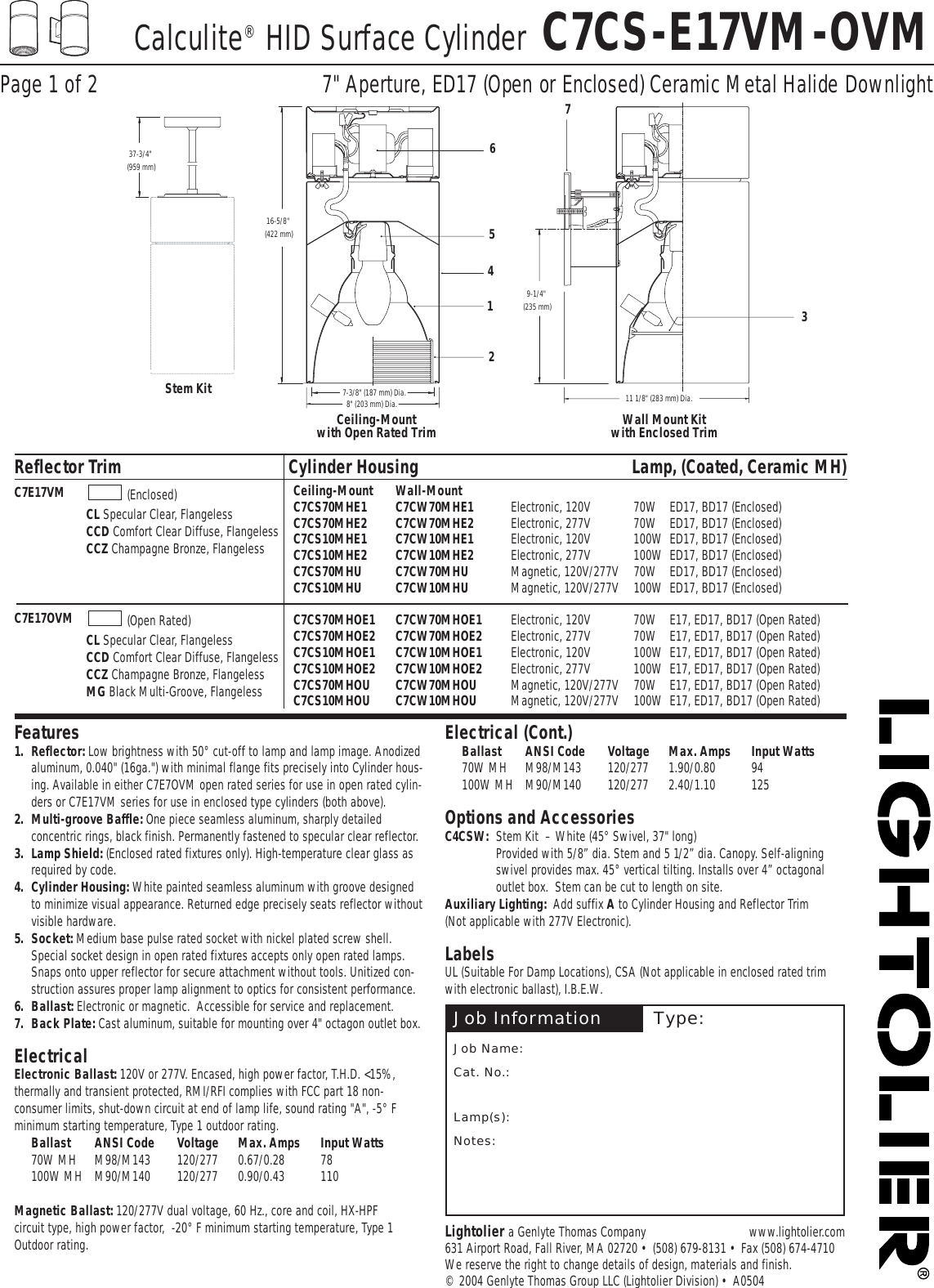 Lightolier Calculite Hid Surface Cylinder C7Cs E17Vm Ovm Users Manual ...